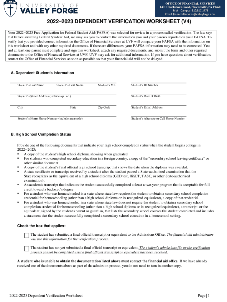 Fillable Online 20222023 dependent verification worksheet (v4) Fax Email Print - pdfFiller