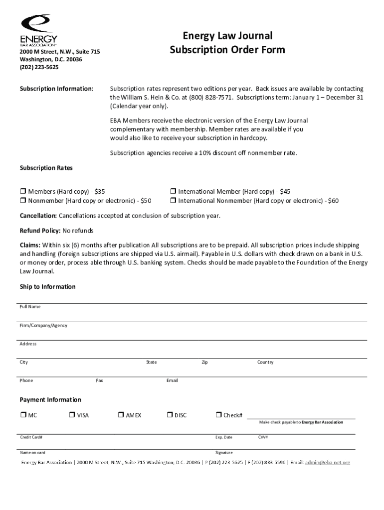 Fillable Online Energy Law Journal Subscription Order Form Fax Email Print - pdfFiller