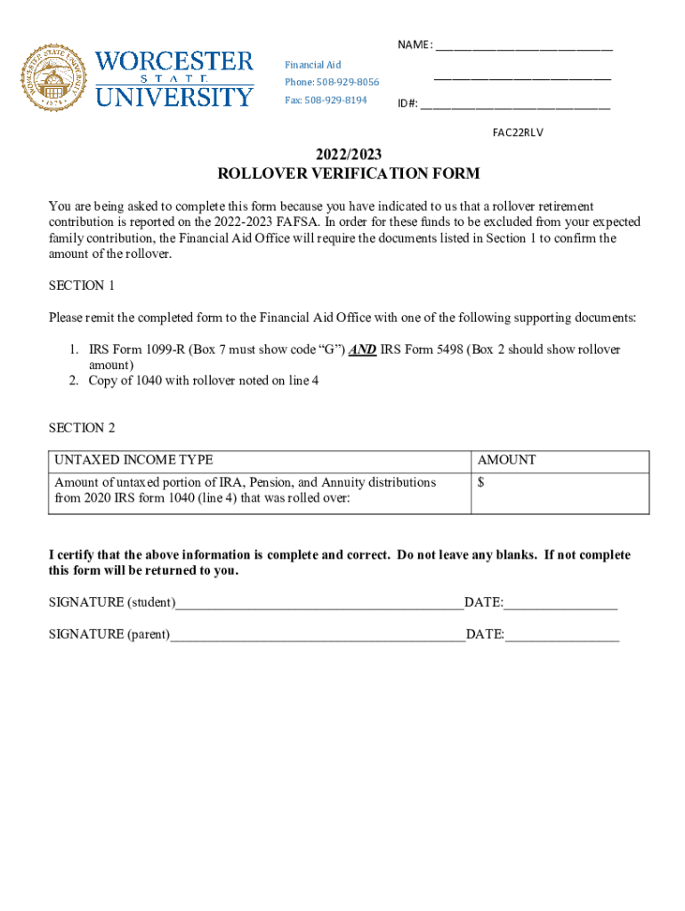 Fillable Online 2022/2023 ROLLOVER VERIFICATION FORM Fax Email Print ...