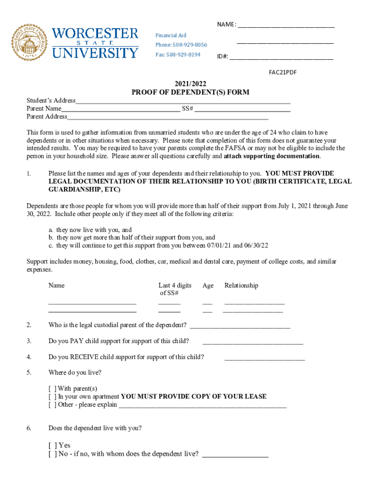 Fillable Online 2021/2022 PROOF OF DEPENDENT(S) FORMYesNo - if no ...
