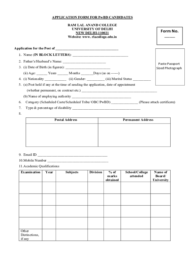 Fillable Online Application Form for PwBD candidates - the RLA College ...