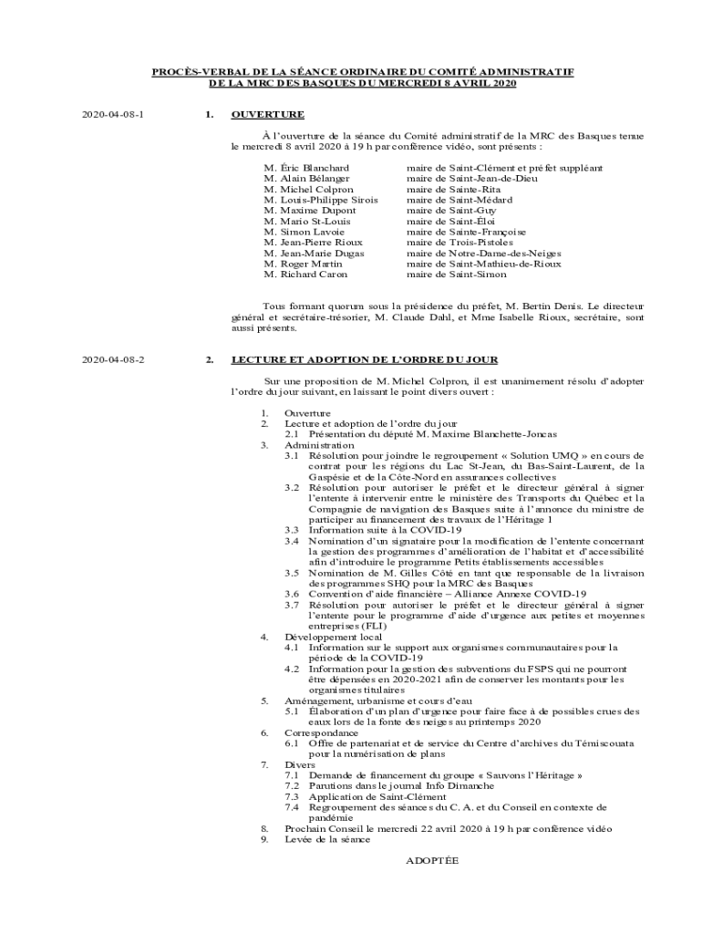 Remplissable En Ligne louverture de la sance du Comit administratif de la MRC des Basques tenue ...