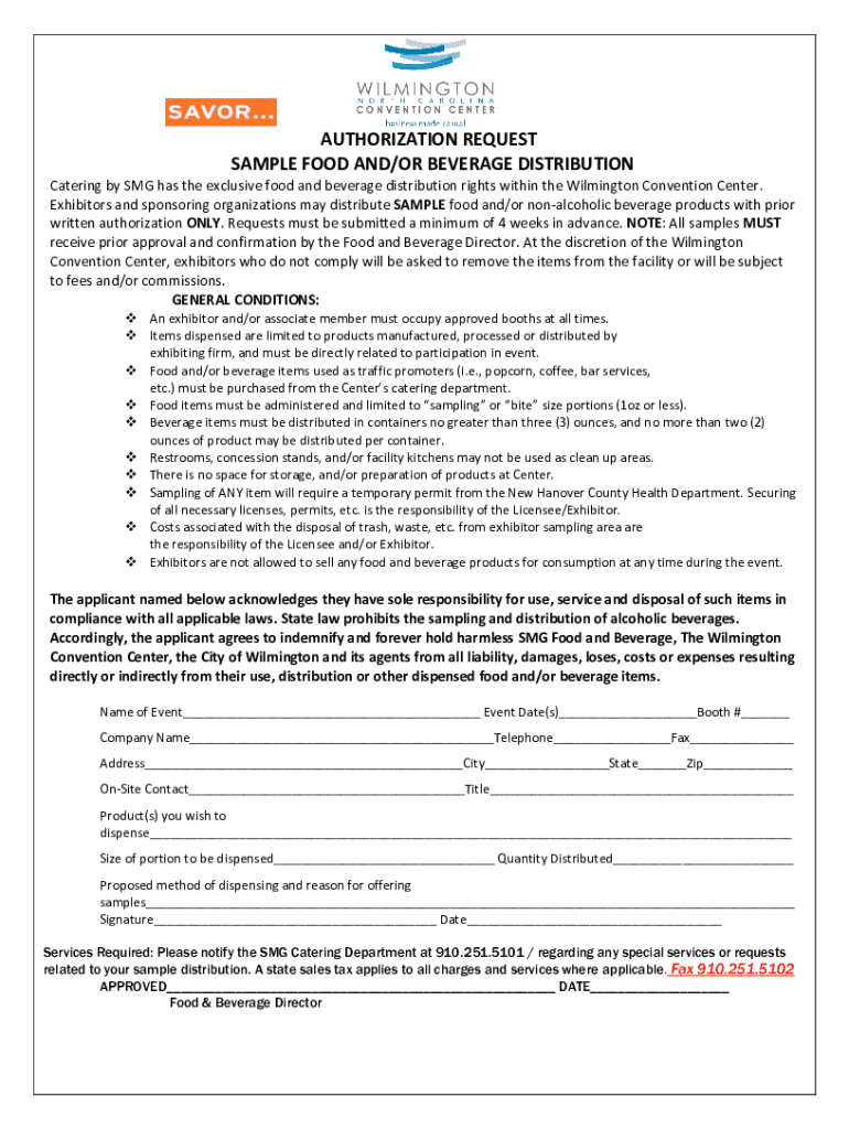 Fillable Online authorization request sample food and/or beverage ...