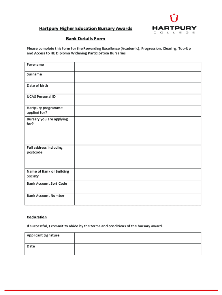 Fillable Online Hartpury Higher Education Bursary Bank Details Form.docx Fax Email Print - pdfFiller