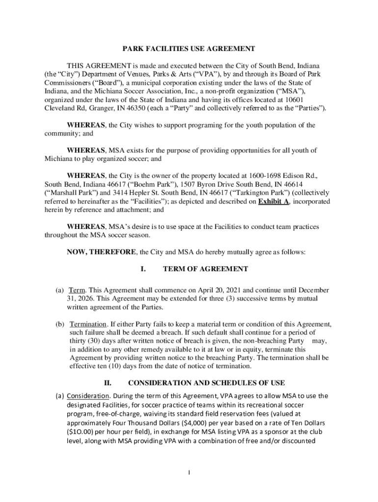 Fillable Online PARK FACILITIES USE AGREEMENT THIS ... - City of South Bend Fax Email Print ...