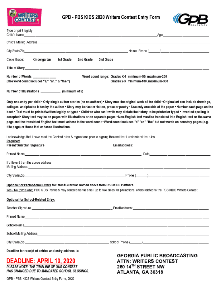 Fillable Online PBS KIDS Writers Contest - Georgia Public Broadcasting ...