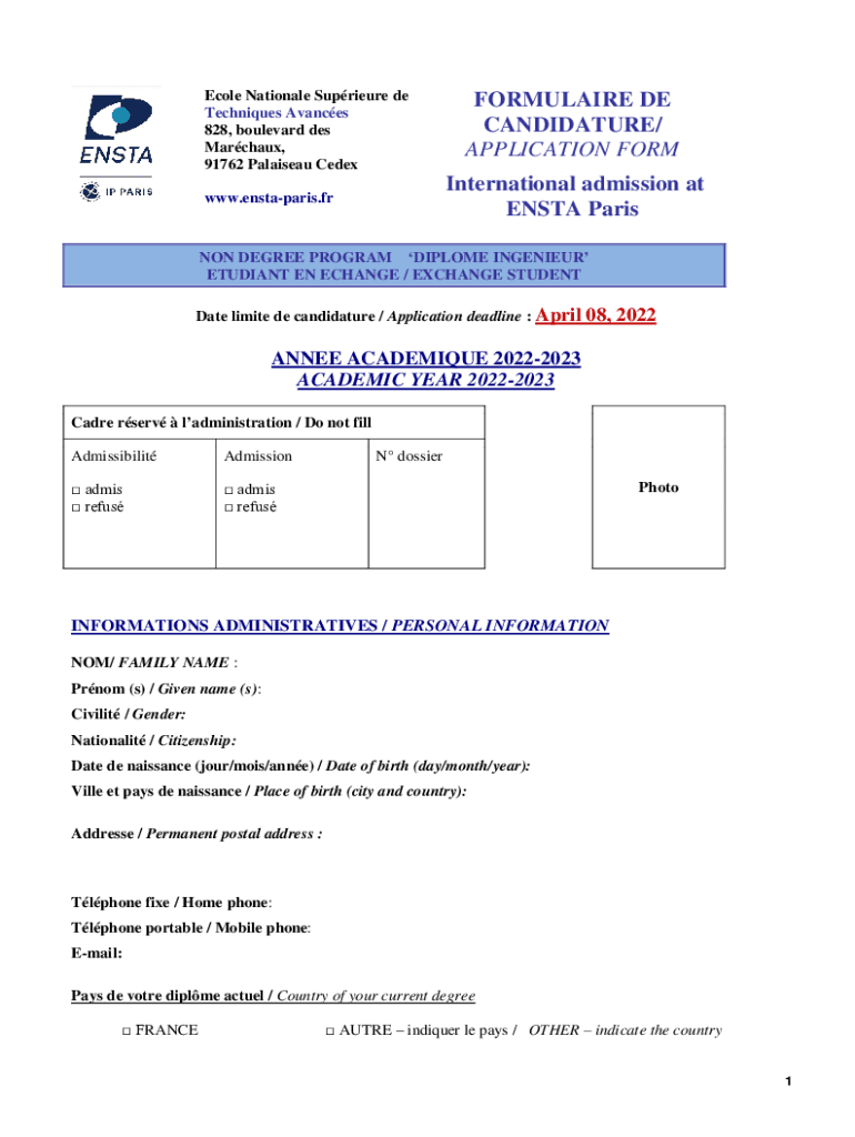 Remplissable En Ligne APPLICATION FORM International admission at ...