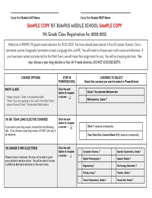 Fillable Online SAMPLE COPY of 7th Grade Class Registration Document ...