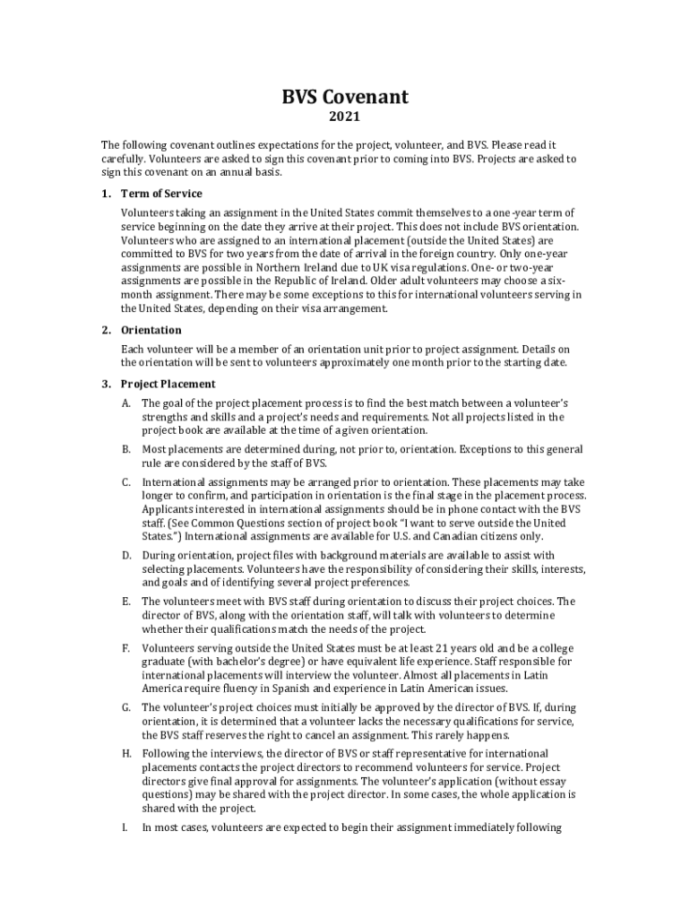 Fillable Online The following covenant outlines expectations for the ...