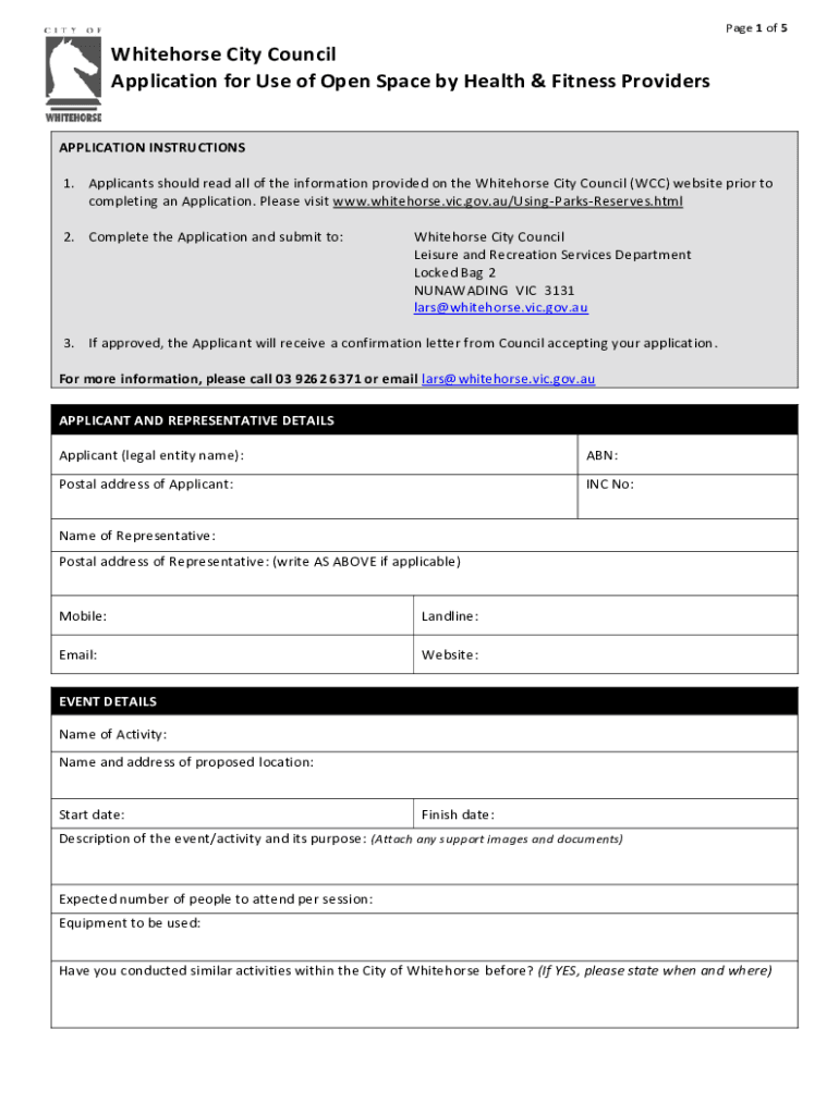Fillable Online Whitehorse City Council Application for Use of Open ...