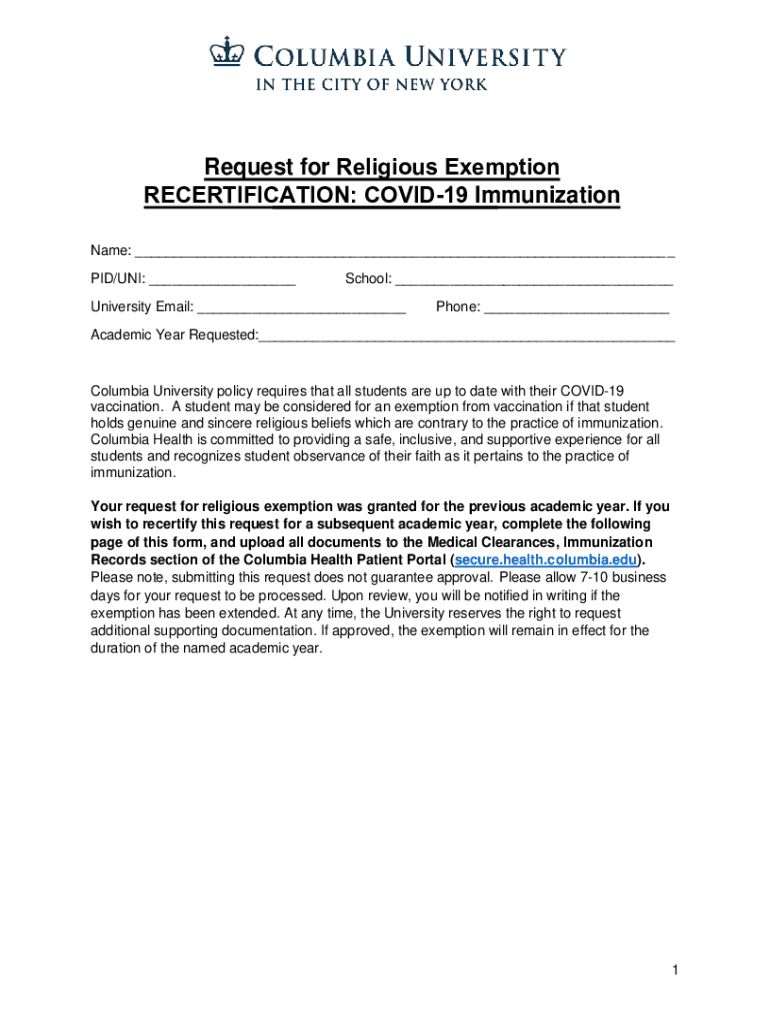Fillable Online Request for Religious Immunization Exemption ...
