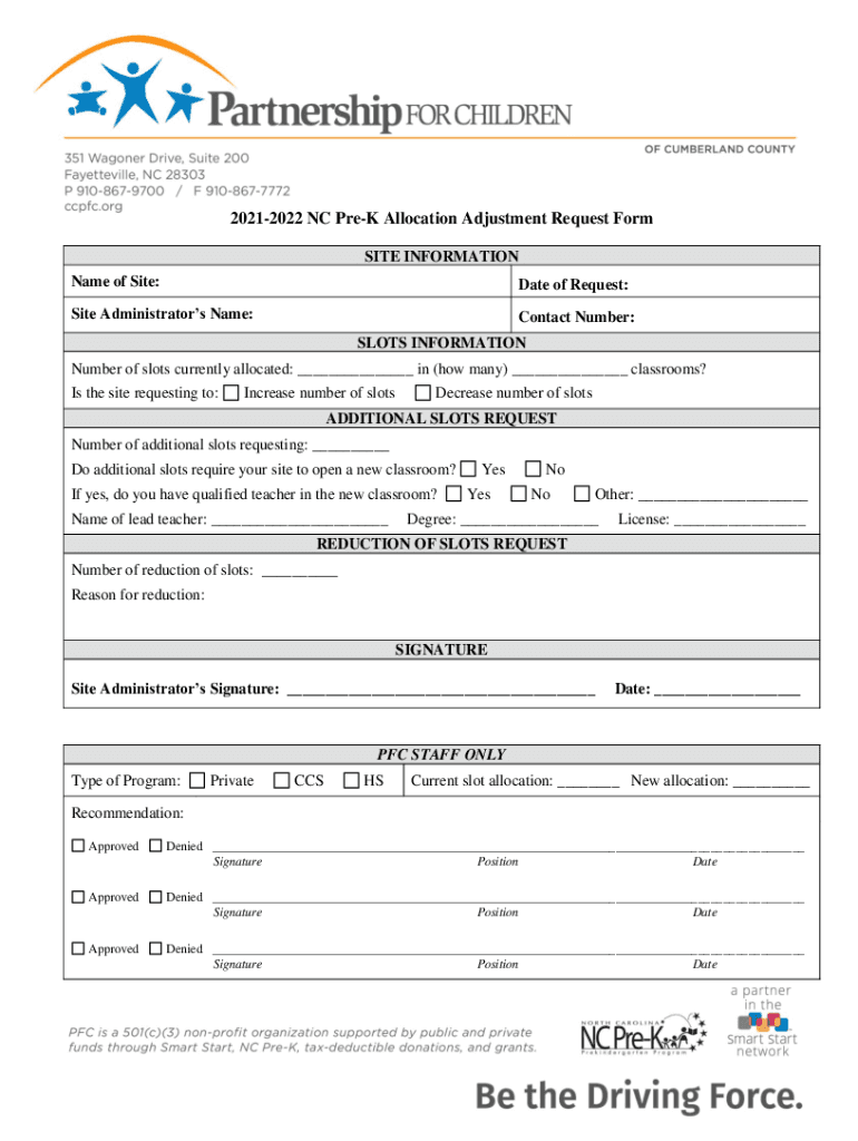 Fillable Online 2021-2022 NC Pre-K Allocation Adjustment Request Form ...