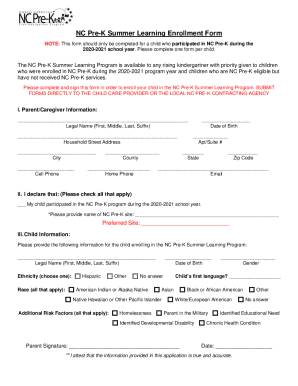 Fillable Online Parent Application for NC Pre-K Summer Learning Fax ...
