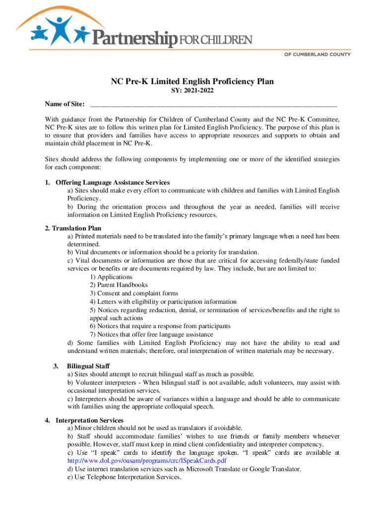 Fillable Online 21-22 NC Pre-K Limited English Proficiency Plan ...