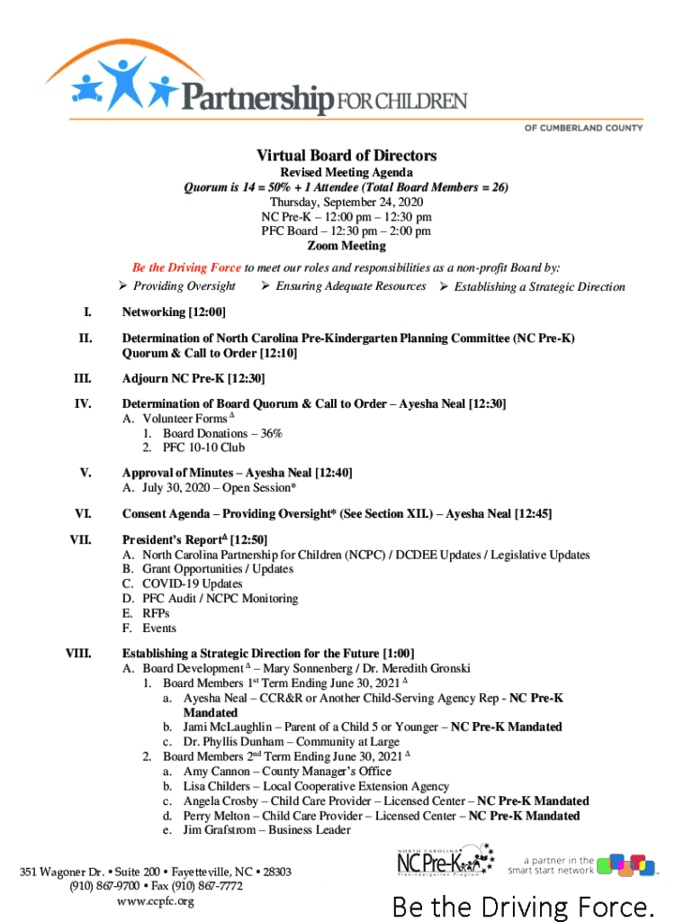 Fillable Online Quorum is 14 50% + 1 Attendee (Total Board Members 26 ...