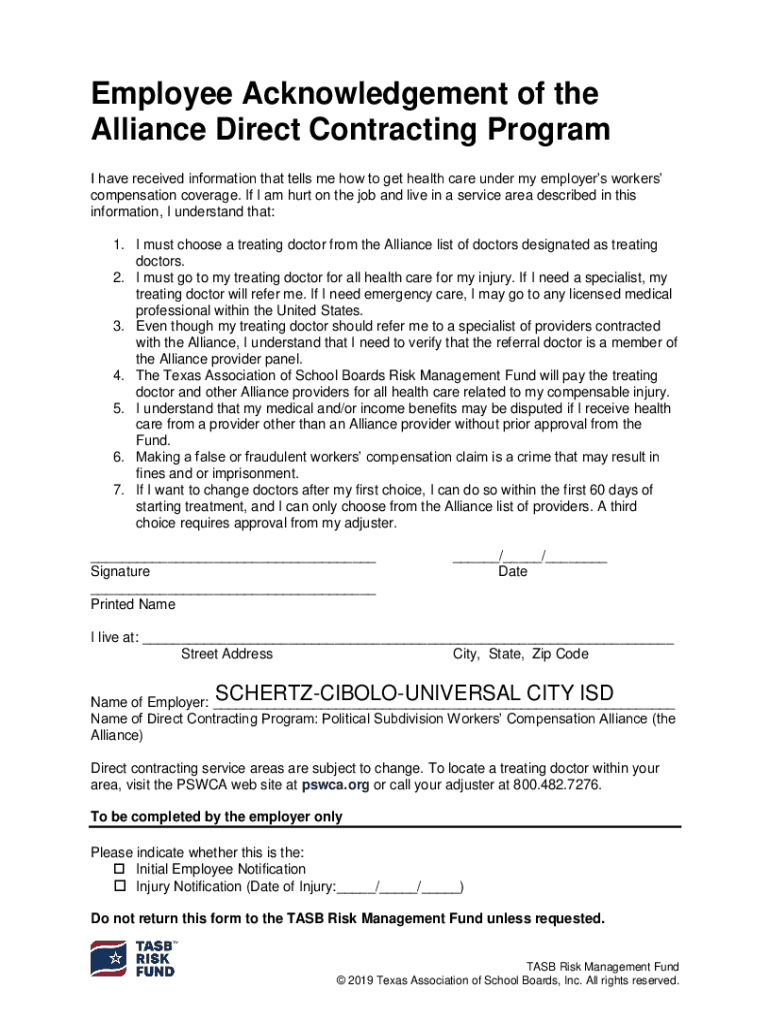 Fillable Online ! Workers Compensation Acknowledgement Form - Employee ...