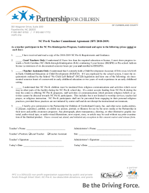 Fillable Online NC Pre-K Teacher Commitment Agreement (SFY 2018-2019 ...