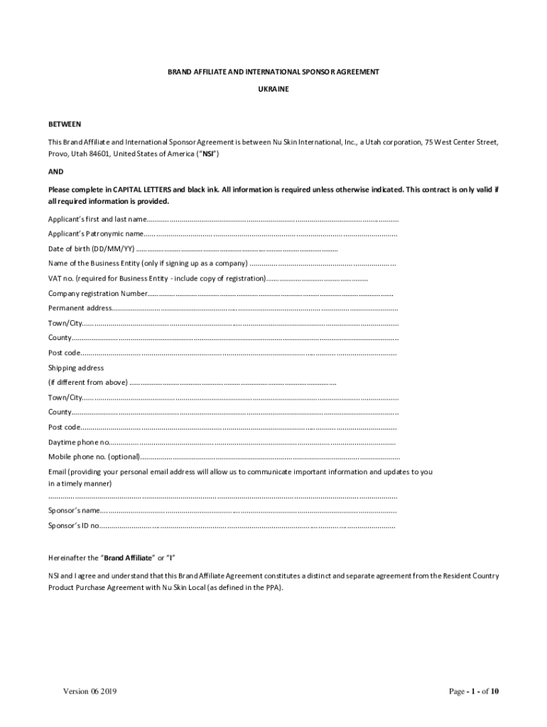 Fillable Online BRAND AFFILIATE AGREEMENT - Nu Skin Fax Email Print - pdfFiller