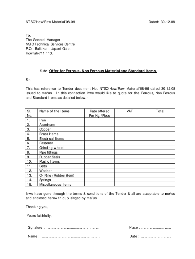 Fillable Online Tender Form- Ferrous,Non Ferrous & Standard Items.PDF ...