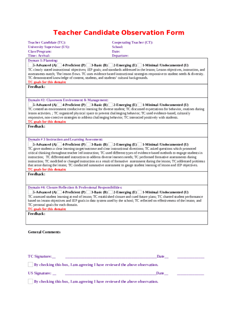 Teacher Candidate Observation Form - Blank Fillable Template | Fill Out ...