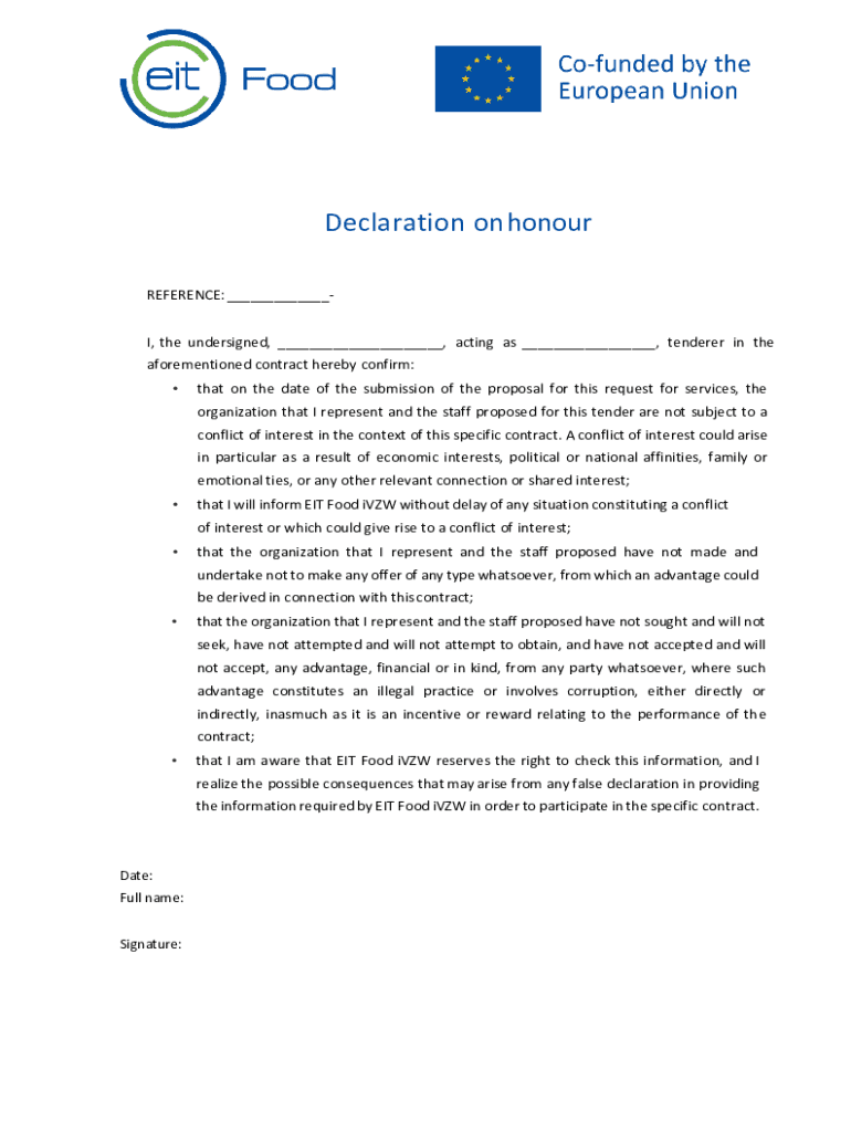 Fillable Online Declaration on honour - EIT Food Fax Email Print - pdfFiller