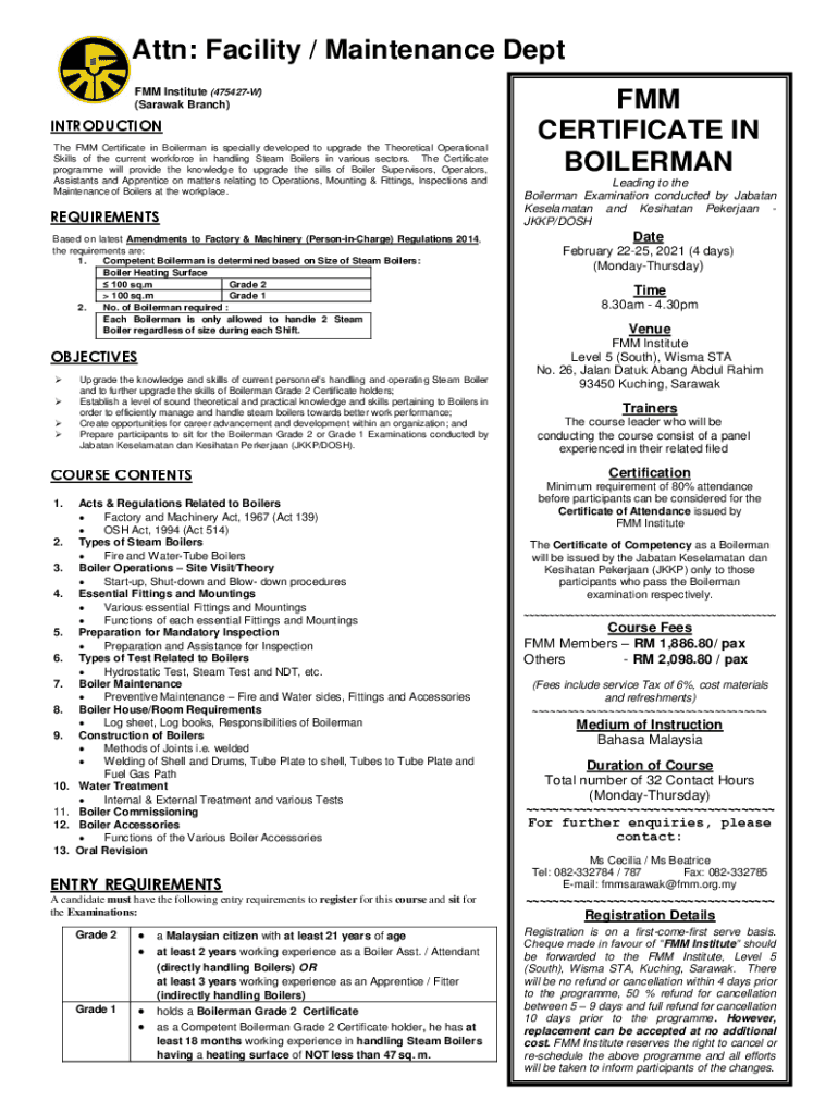 Fillable Online Boiler: FMM Certificate in Boilerman (Sarawak Branch) Fax Email Print - pdfFiller