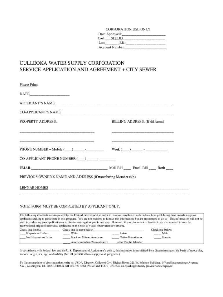 Fillable Online SERVICE APPLICATION AND AGREEMENT - M.E.N. WSC Fax Email Print - pdfFiller