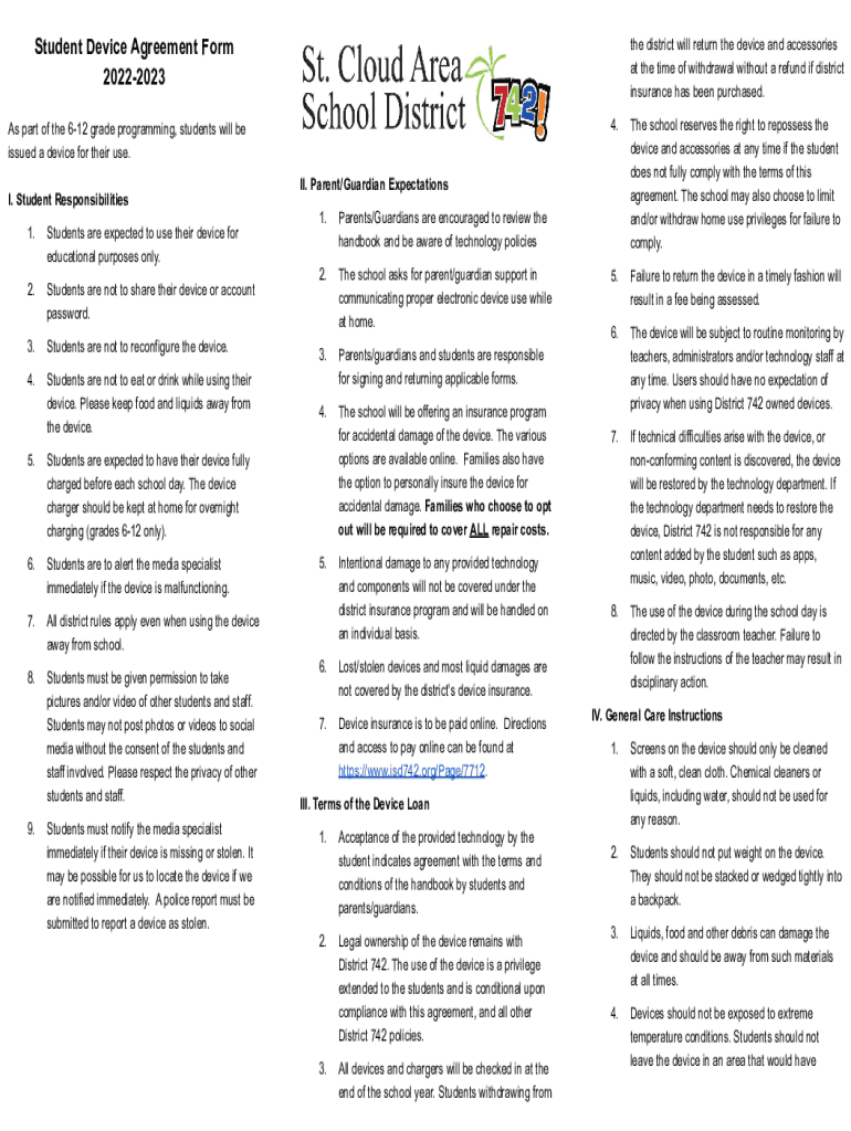 Fillable Online Student Device Agreement Form 2022-2023 (English) Fax ...