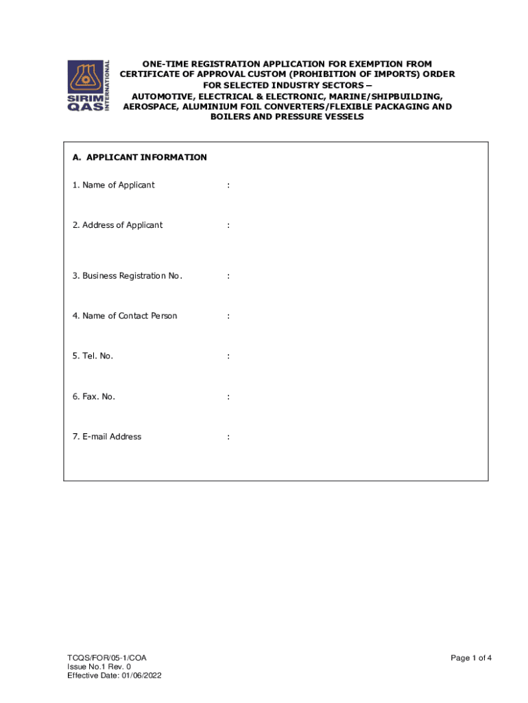 Fillable Online one-time registration application for exemption from ...