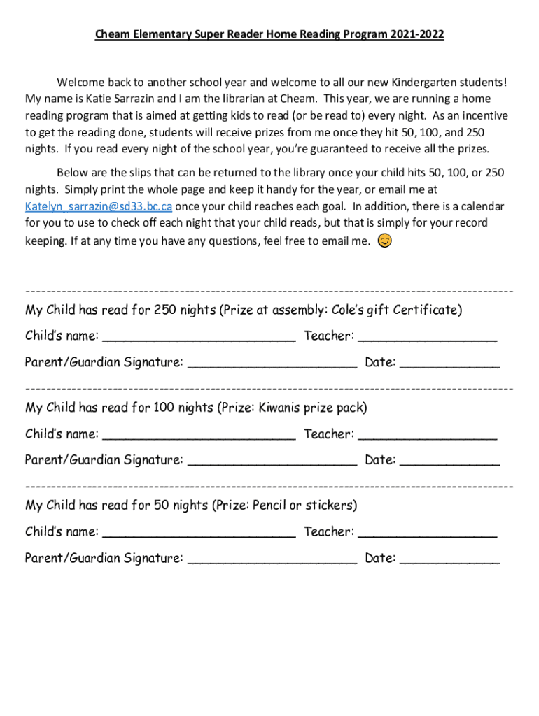 Fillable Online cheam sd33 bc Cheam Elementary Super Reader Home ...