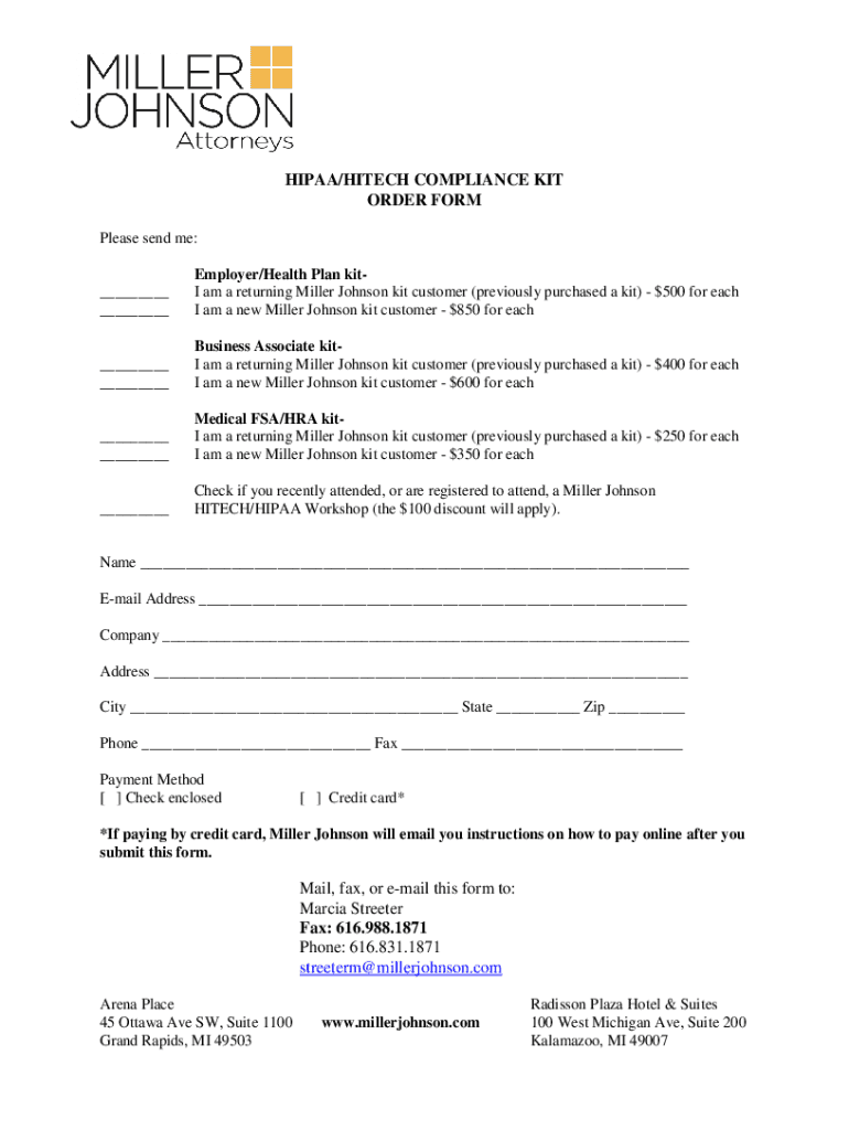 Fillable Online hipaa/hitech compliance kit order form - Miller Johnson ...