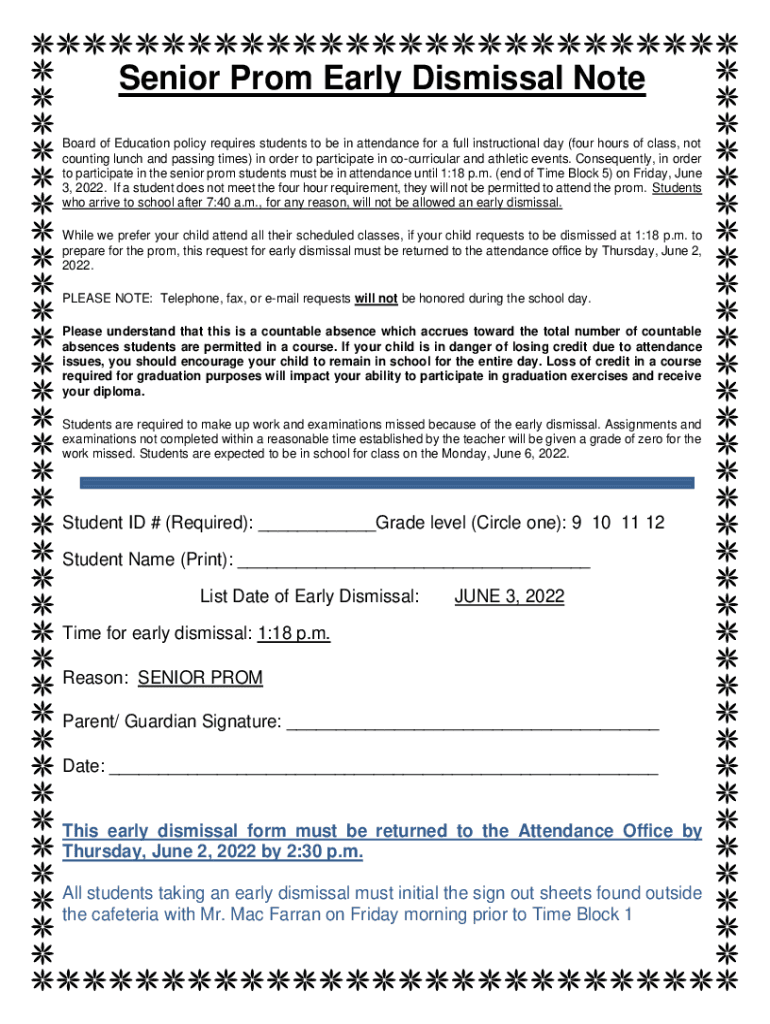 Fillable Online Senior Prom Early Dismissal Note Fax Email Print - pdfFiller