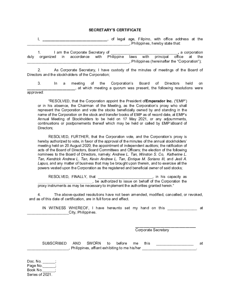 Fillable Online 3a - EMP - Sample Secretary's Certificate for ASM 2021 ...