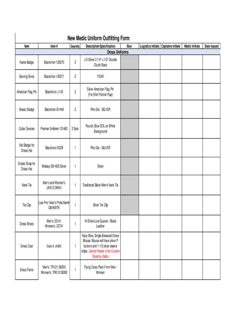 Fillable Online New Medic Uniform Outfitting Form Fax Email Print ...