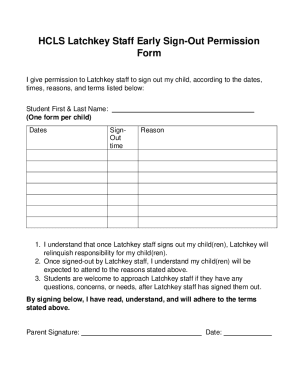 Fillable Online HCLS Latchkey Staff Early Sign-Out Permission Form Fax ...