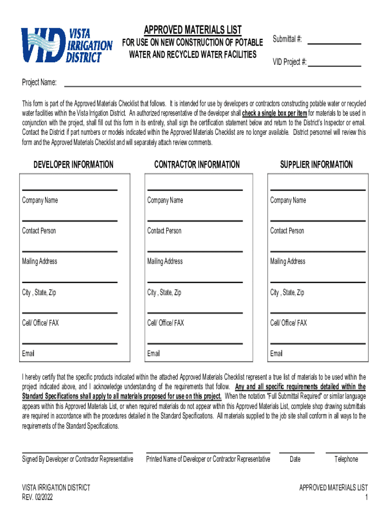 Fillable Online approved materials list (aml) for construction of ...