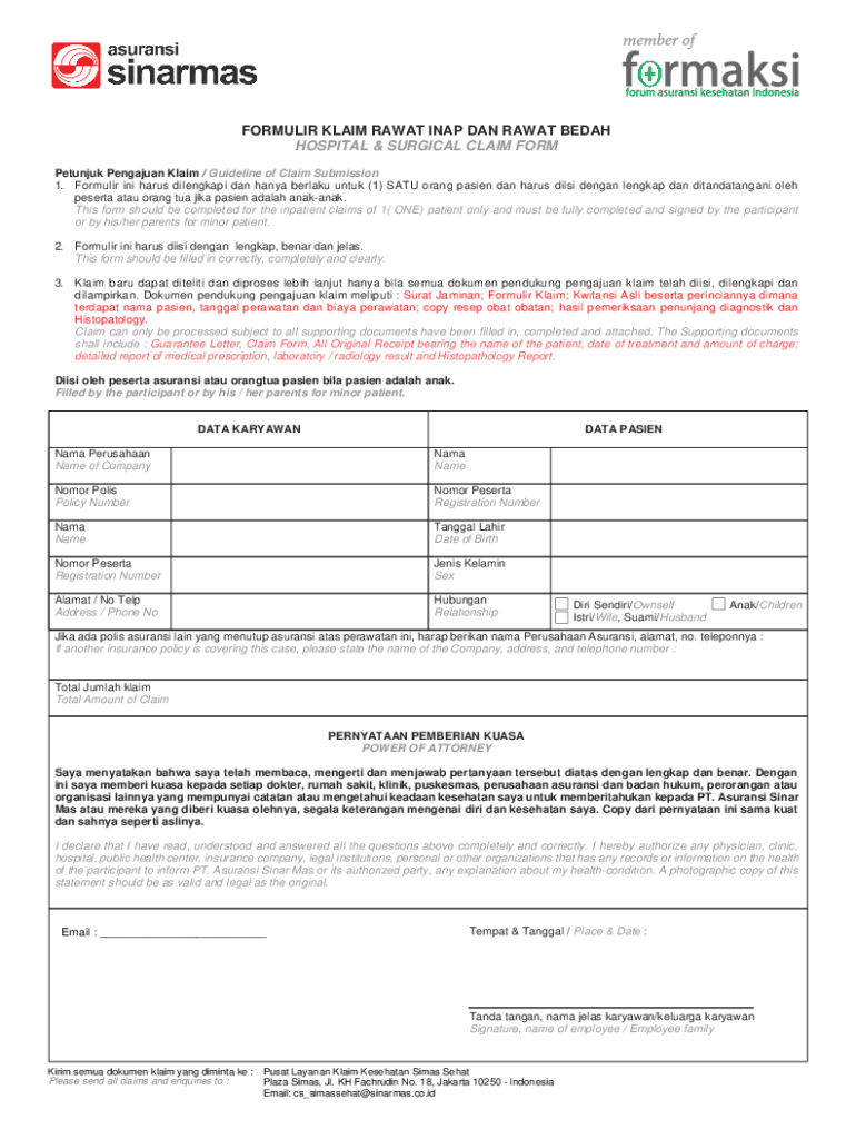 Fillable Online Form klaim rawat inap-bedah - Asuransi Sinar Mas Fax ...