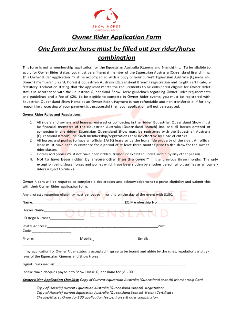 Fillable Online Owner Rider Application Form - Equestrian Queensland ...