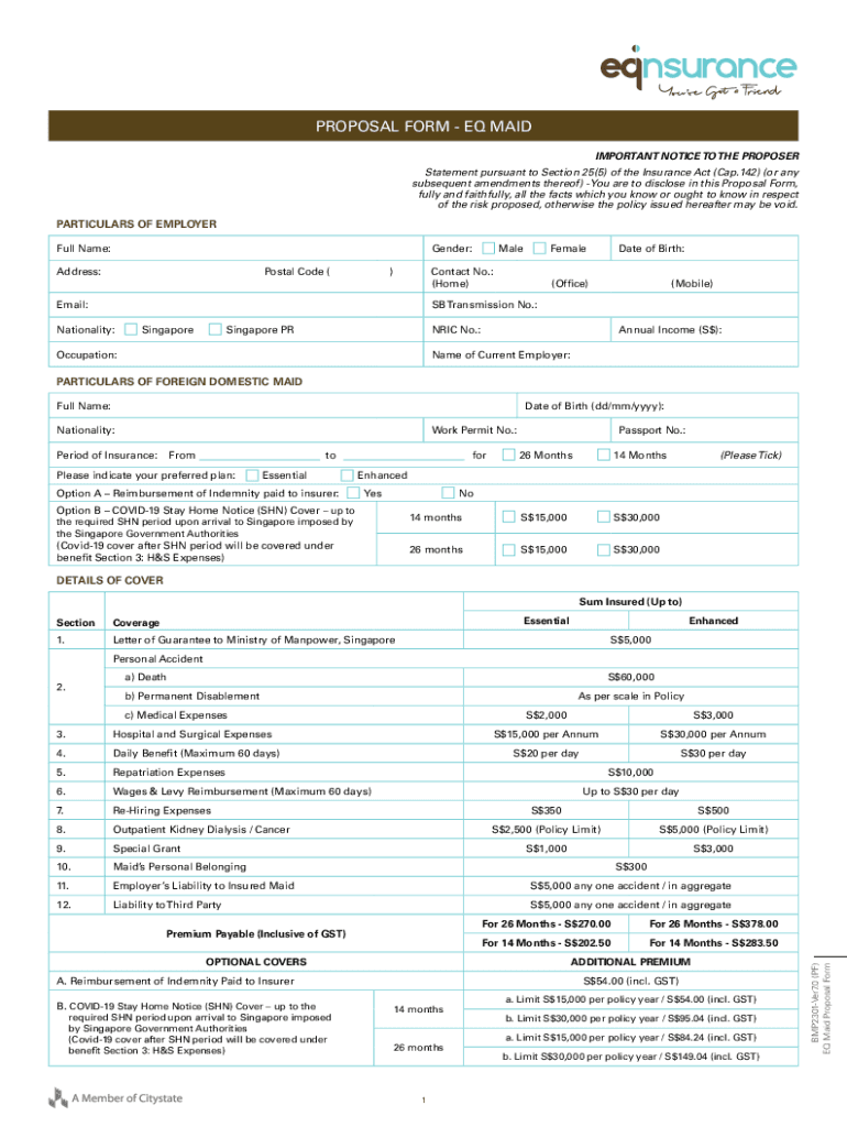 Fillable Online Fillable Online PROPOSAL FORM - EQ MAID Important Notice to the ... Fax Email ...