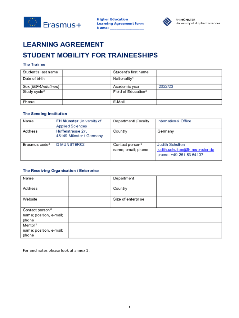 Fillable Online LAT.doc - Higher Education Learning Agreement form ...