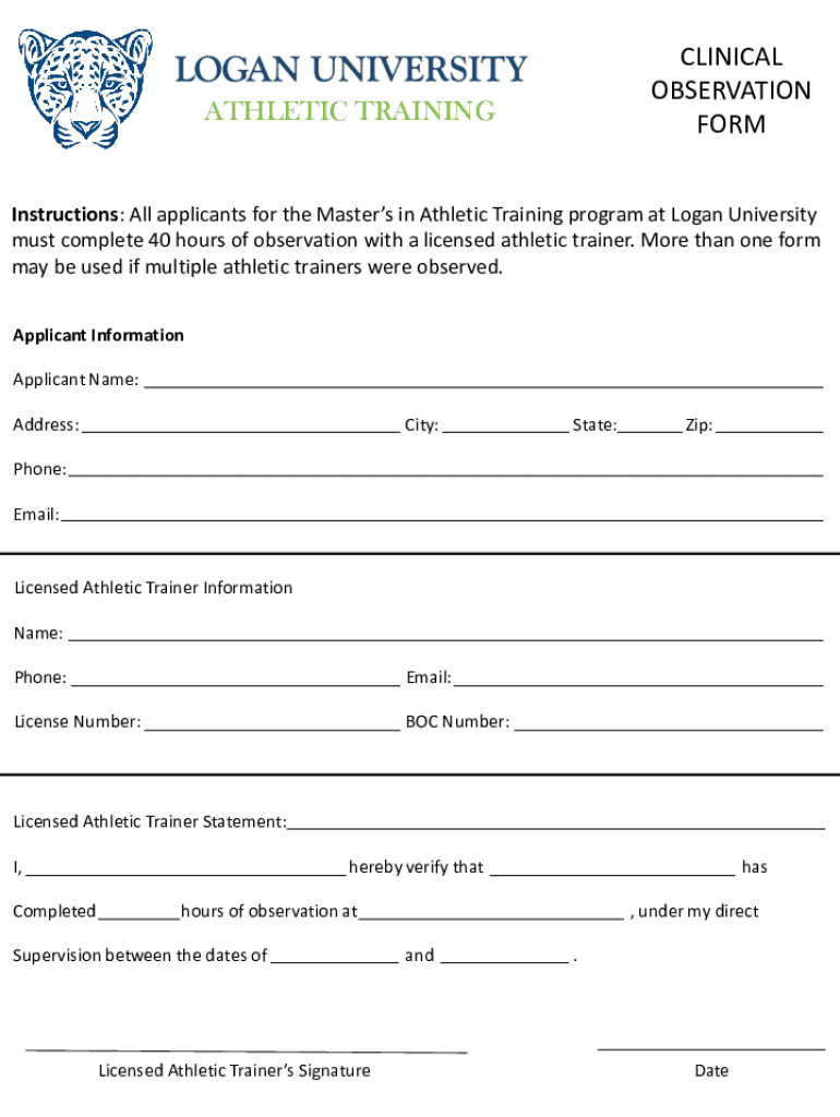 Fillable Online CLINICAL OBSERVATION FORM ATHLETIC TRAINING Fax Email ...