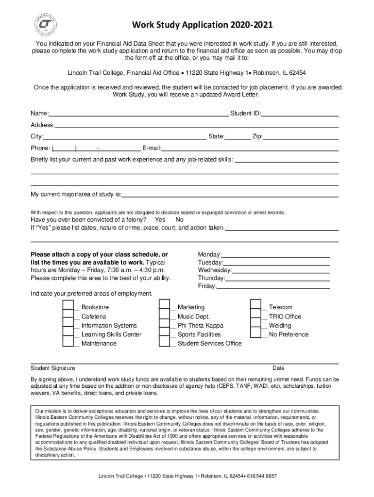 Fillable Online Work Study Application 2020-2021 Fax Email Print ...