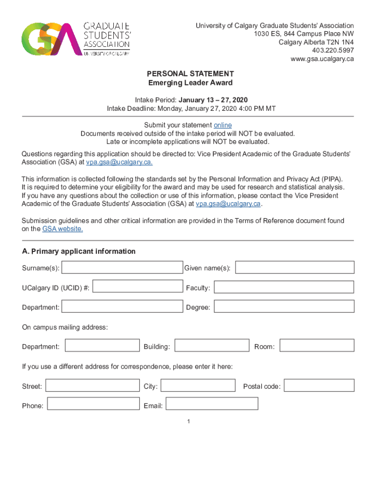Fillable Online gsa ucalgary University of Calgary Faculty of Law Graduate Scholarship Fax Email ...