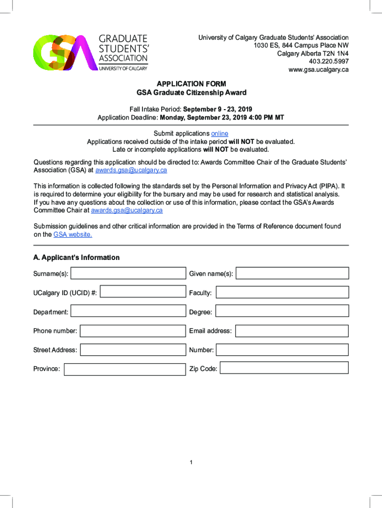 Fillable Online gsa ucalgary A. Applicant's Information APPLICATION FORM GSA Graduate ... Fax ...