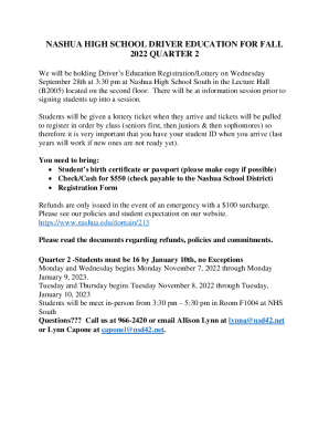 Fillable Online NASHUA HIGH SCHOOL DRIVER EDUCATION FOR FALL ... Fax ...
