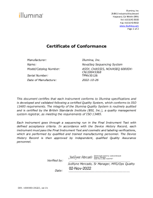 Fillable Online Certificate of Conformance - Support Illumina Fax Email ...