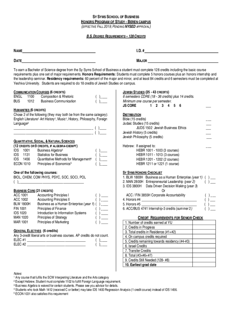 Fillable Online sy syms school of business honors program of study ...