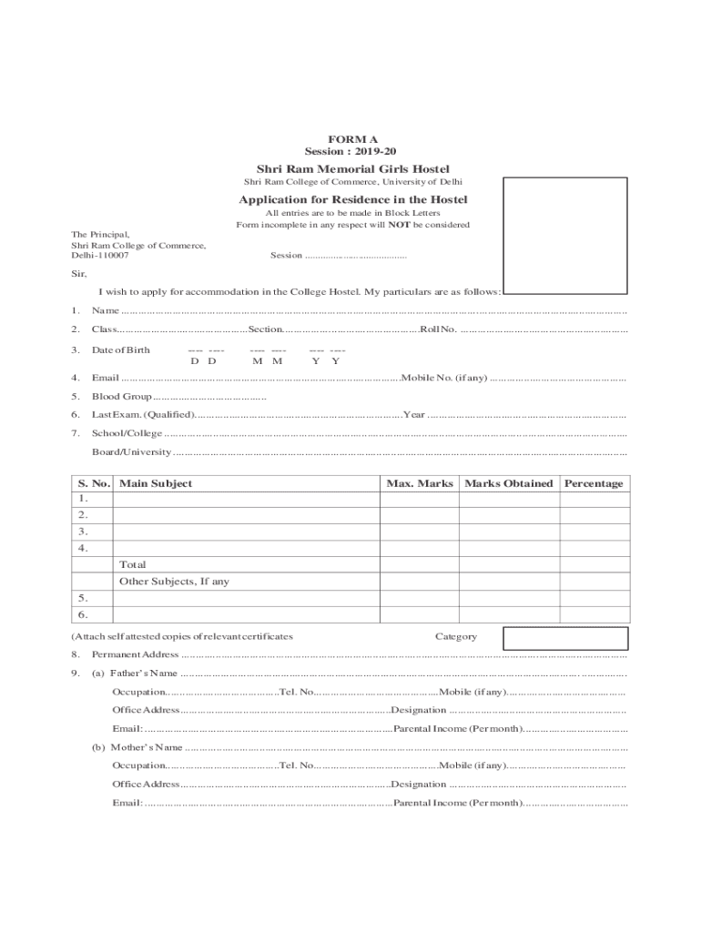 Fillable Online Shri Ram Memorial Girls Hostel Application for ...
