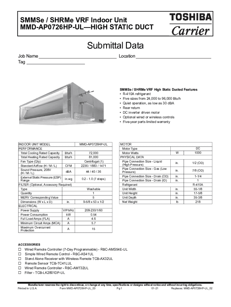 Fillable Online SMMSe / SHRMe VRF Indoor Unit Fax Email Print - pdfFiller