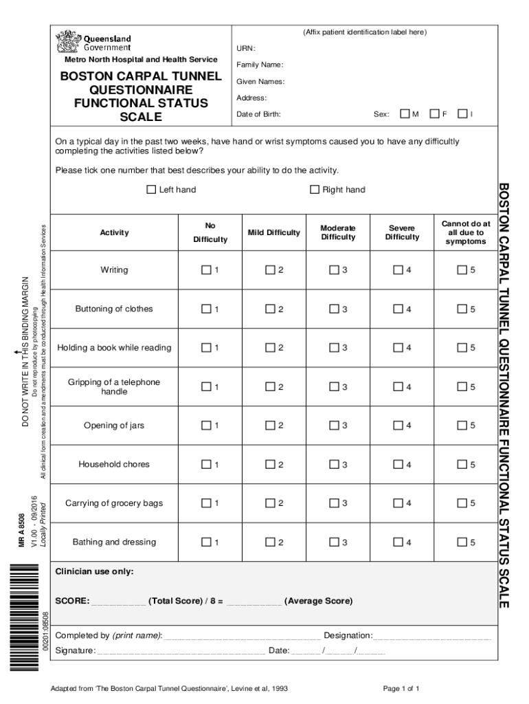 Fillable Online MR A 8508 - Boston Carpal Tunnel Questionnaire ...